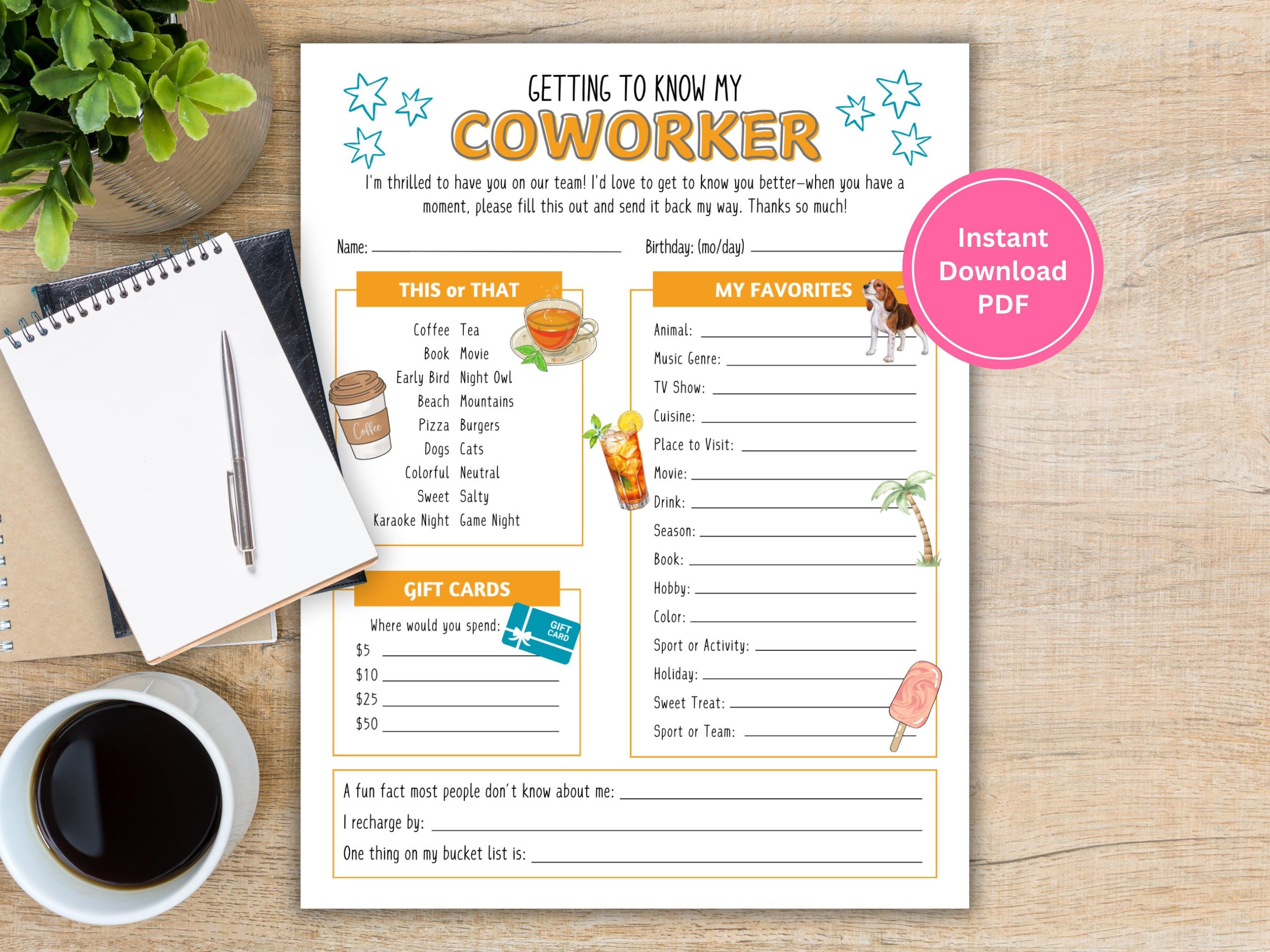 Get to Know Coworker Questionnaire | Coworker Favorite Things ...