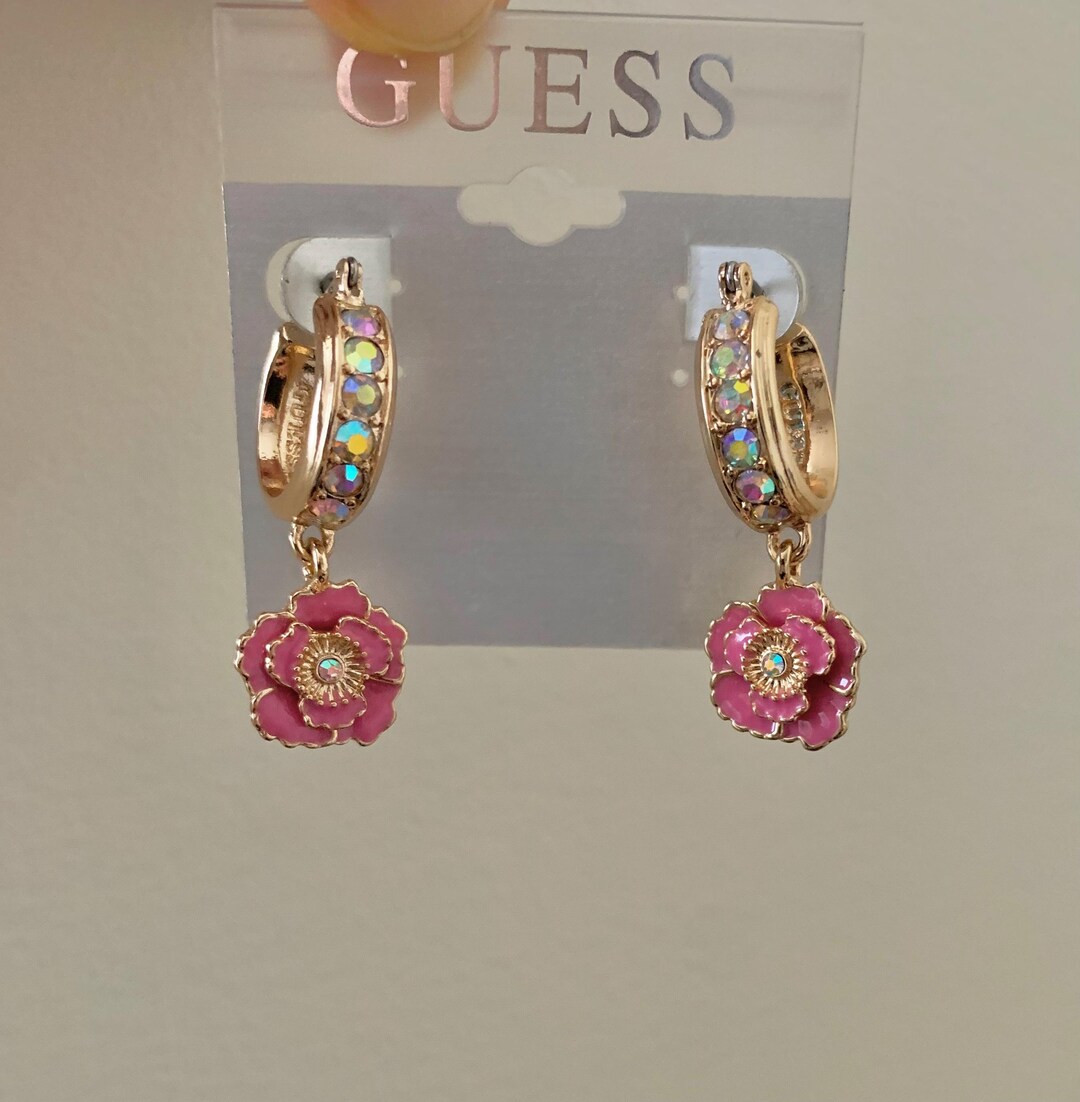 Guess Logo Engraved Pink Flower Floral Earrings Jewelry - Etsy