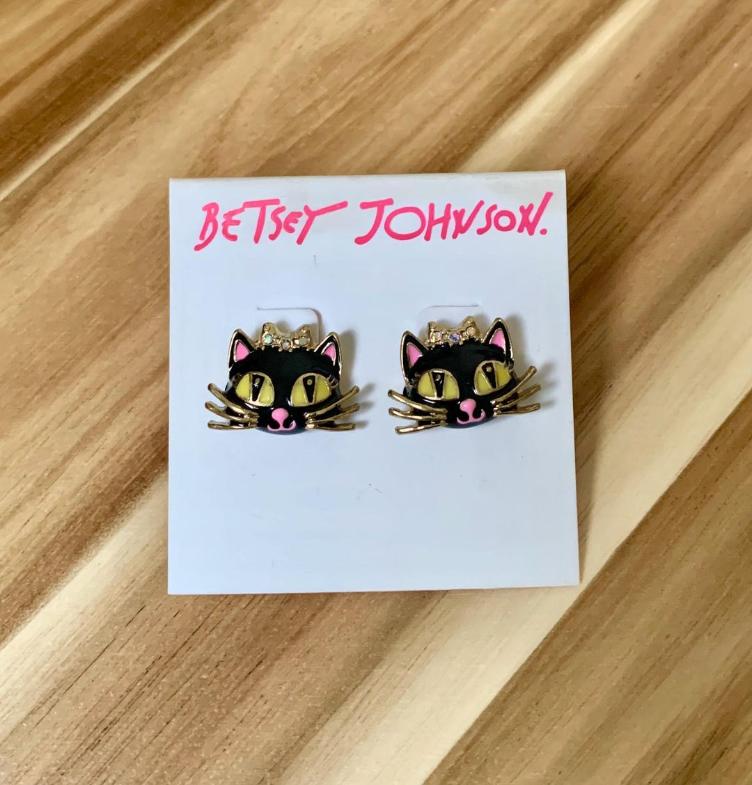 Betsey Johnson Enameled Black Cat With Bow Earrings Jewelry - Etsy