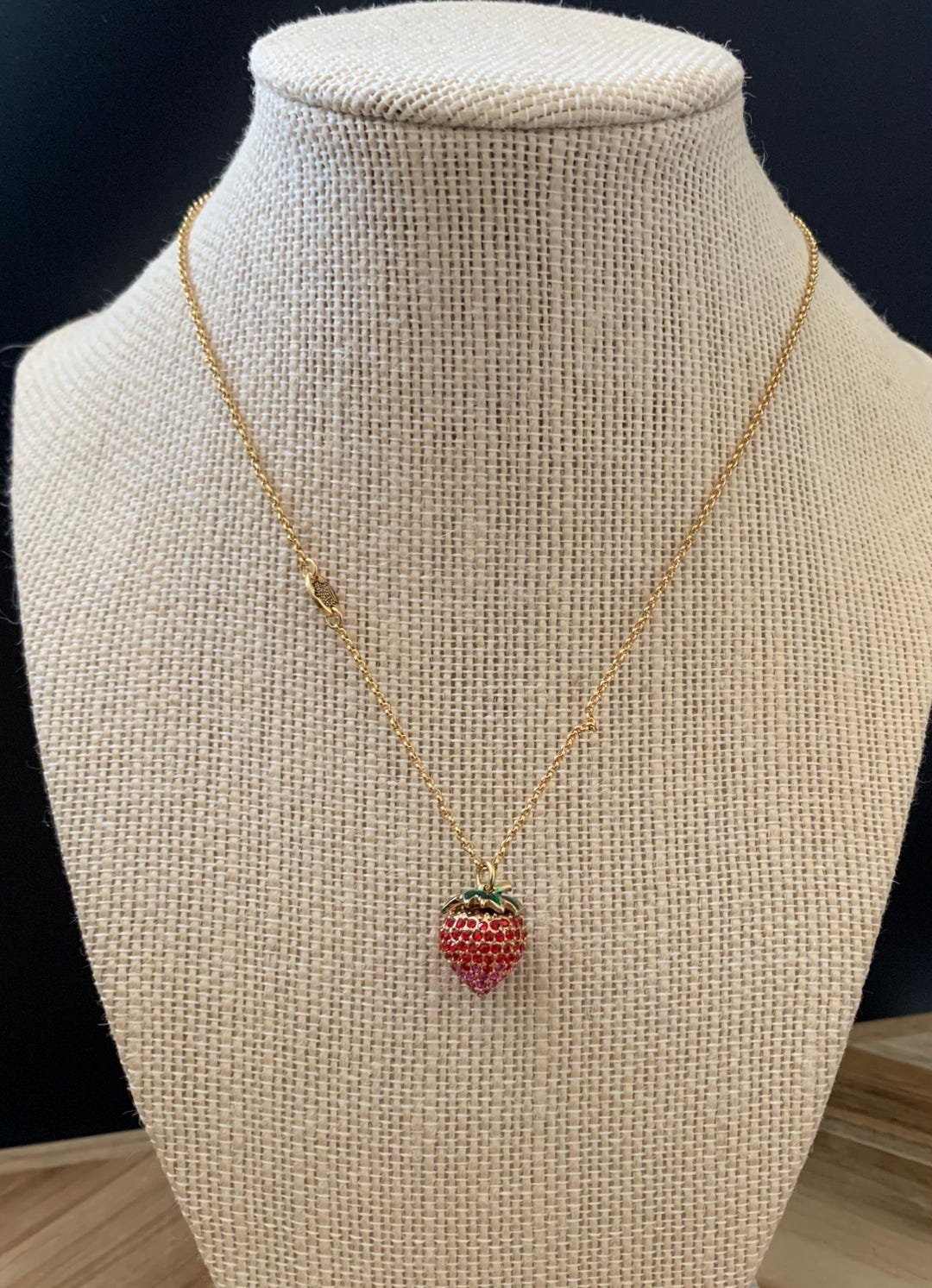 Rhinestone Pave Strawberry Fruit Pendant Necklace With Enameled Leaves ...