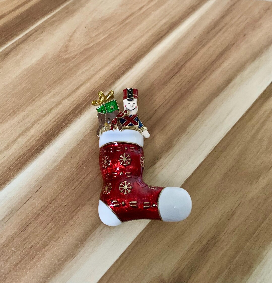 Monet Enameled Christmas Stocking Brooch Pin Nutcracker Vintage Jewelry ...