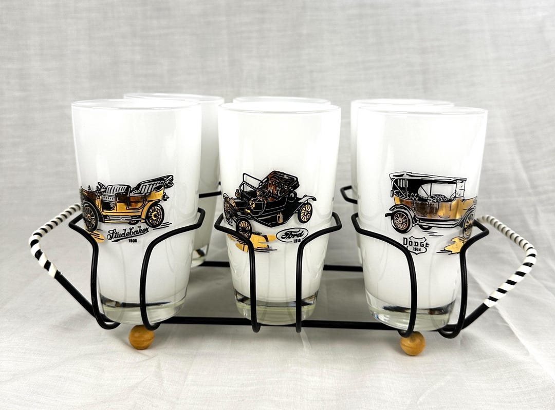 Vintage MCM Hazel Atlas Classic Car Bar Set Glass Highball Tumblers (6 ...