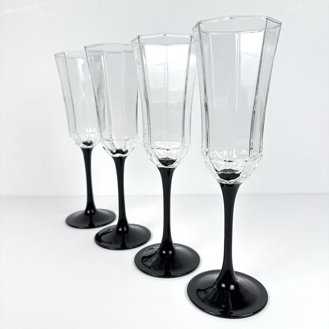 1970’s Luminarc Octime Crystal Octagon Black Stem Wine Glasses Made in ...