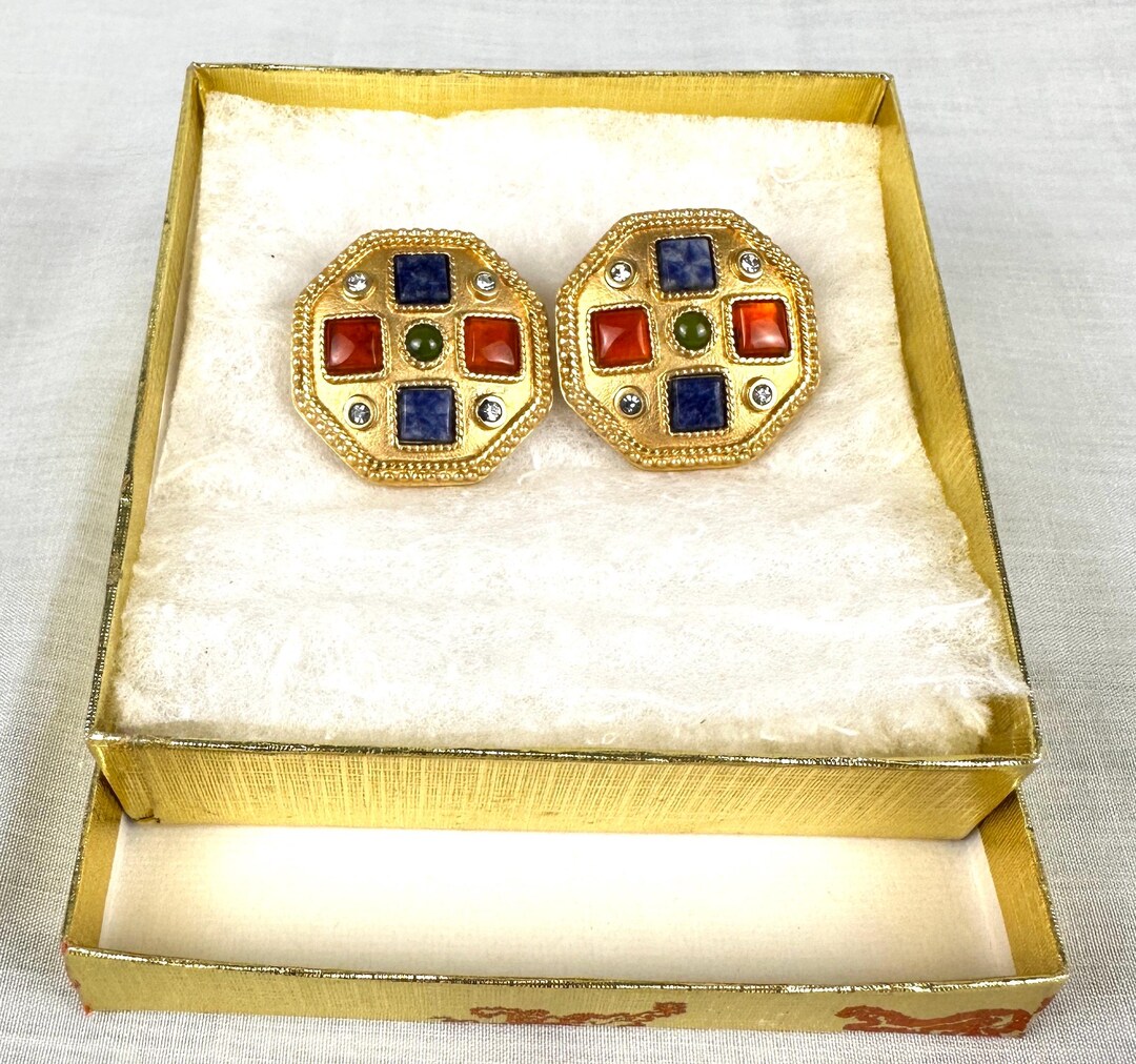 Alfred Sung Gold Tone Multicolor Semiprecious Stones Clip on Earrings ...