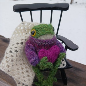 Knitted Frog With Pink Sweater, Heart, and Blanket . Wool Frog ...