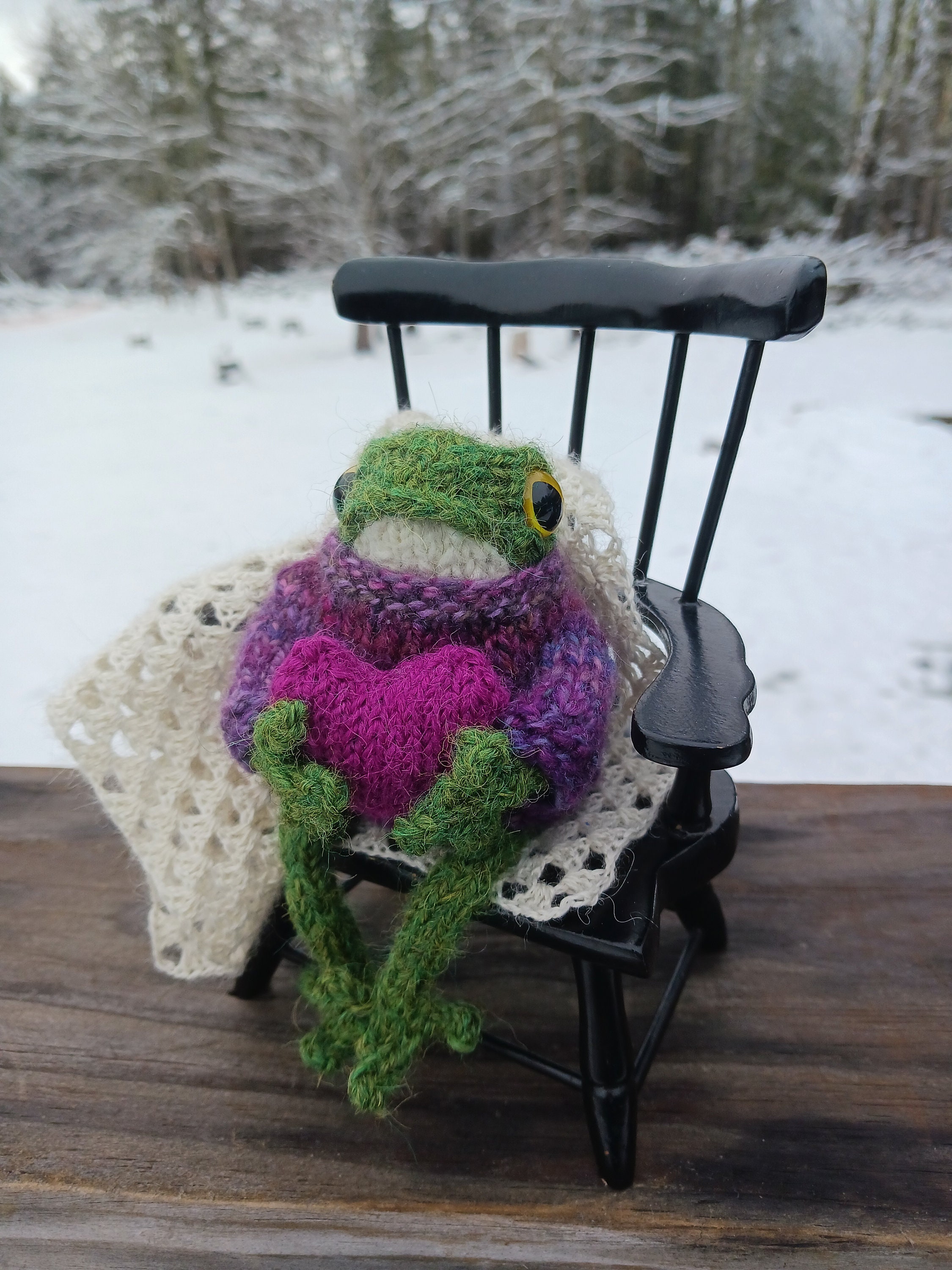 Knitted Frog With Pink Sweater, Heart, and Blanket . Wool Frog ...