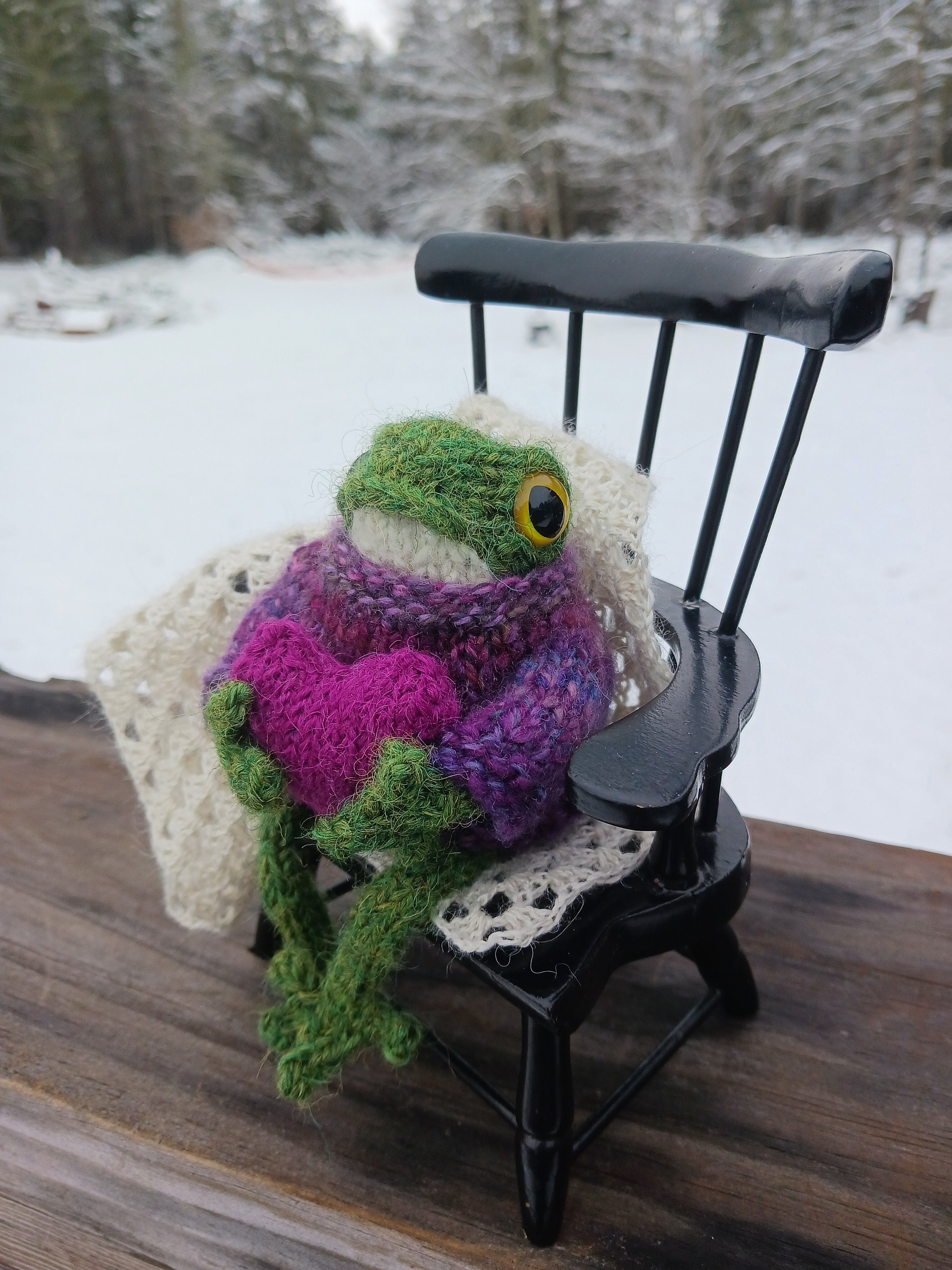 Knitted Frog With Pink Sweater, Heart, and Blanket . Wool Frog ...