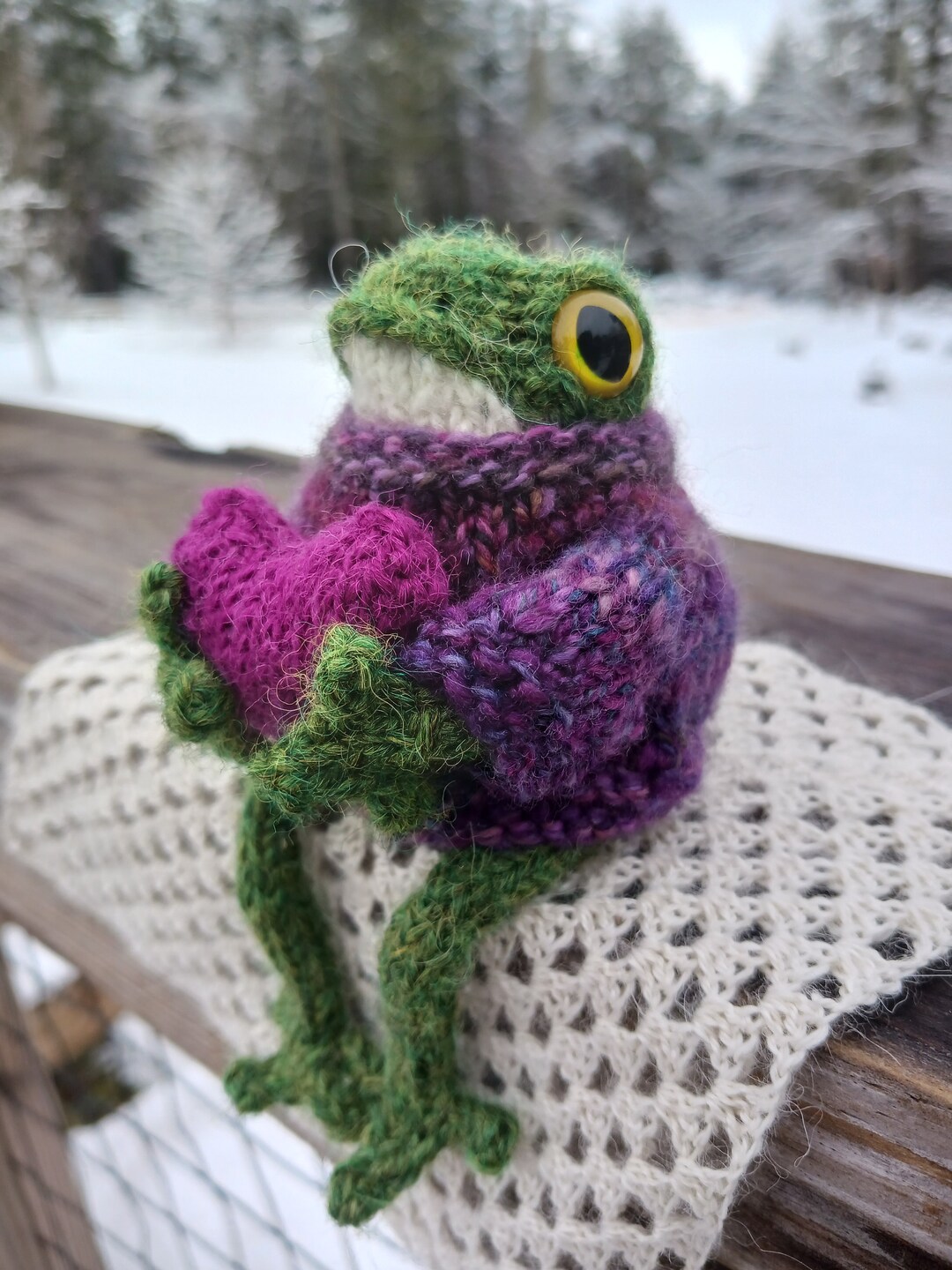 Knitted Frog With Pink Sweater, Heart, and Blanket . Wool Frog ...