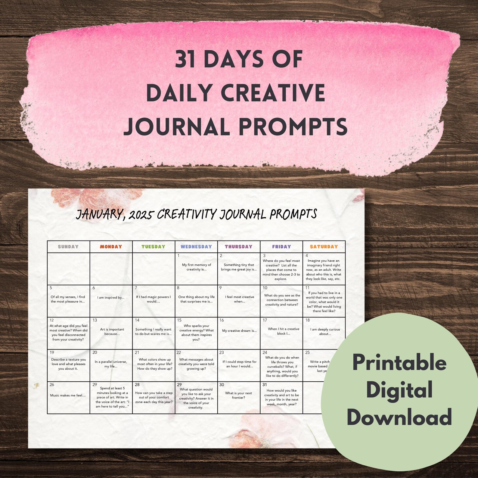 Creative Journal Calendar Prompts, January 2025, Write Every Day for a ...