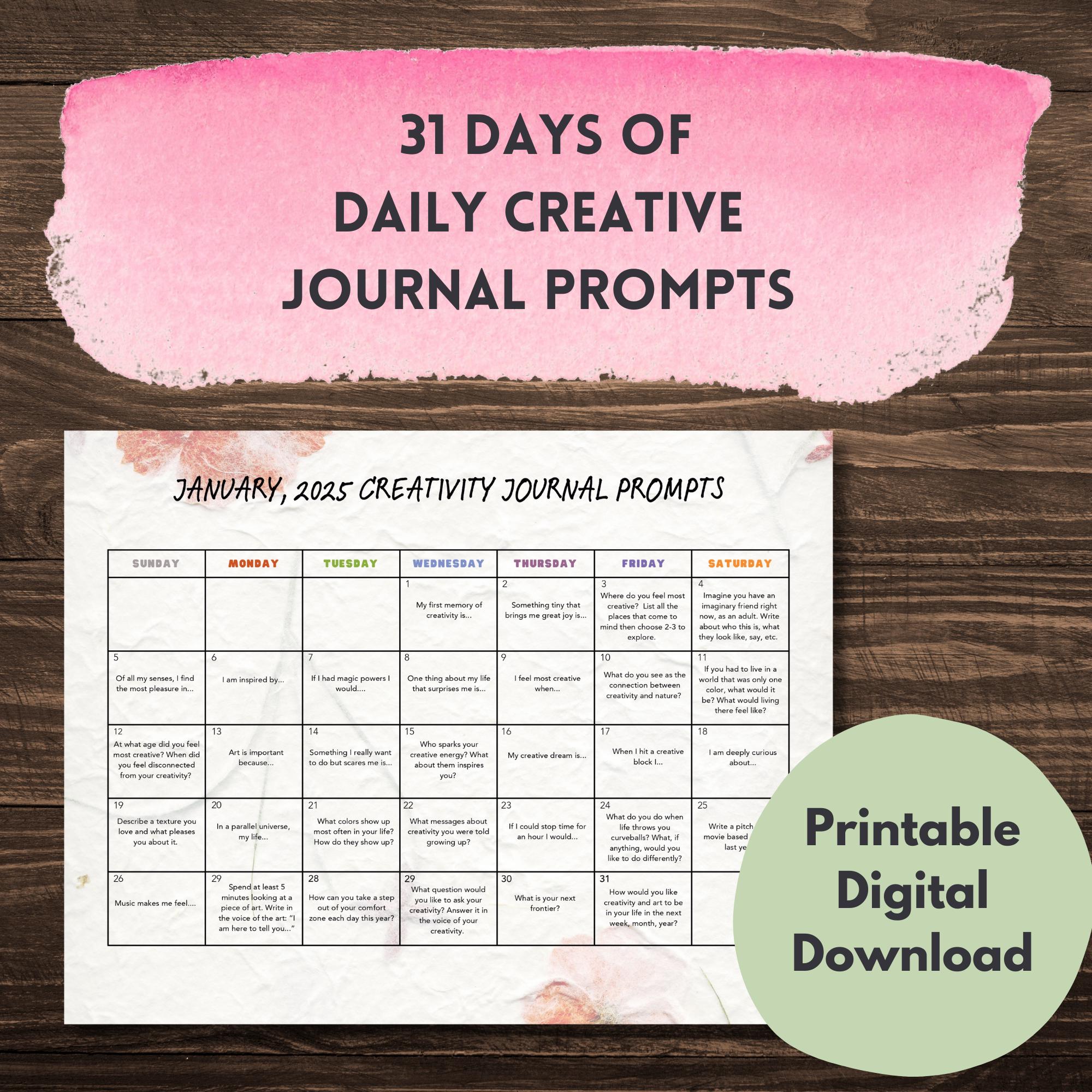 Creative Journal Calendar Prompts, January 2025, Write Every Day for a ...
