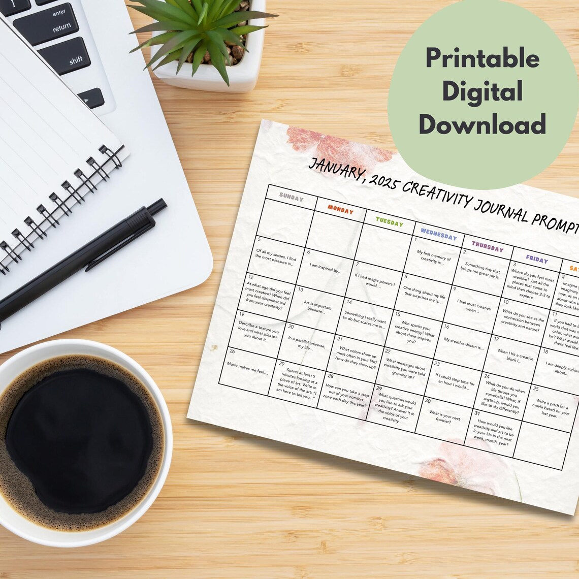 Creative Journal Calendar Prompts, January 2025, Write Every Day for a ...