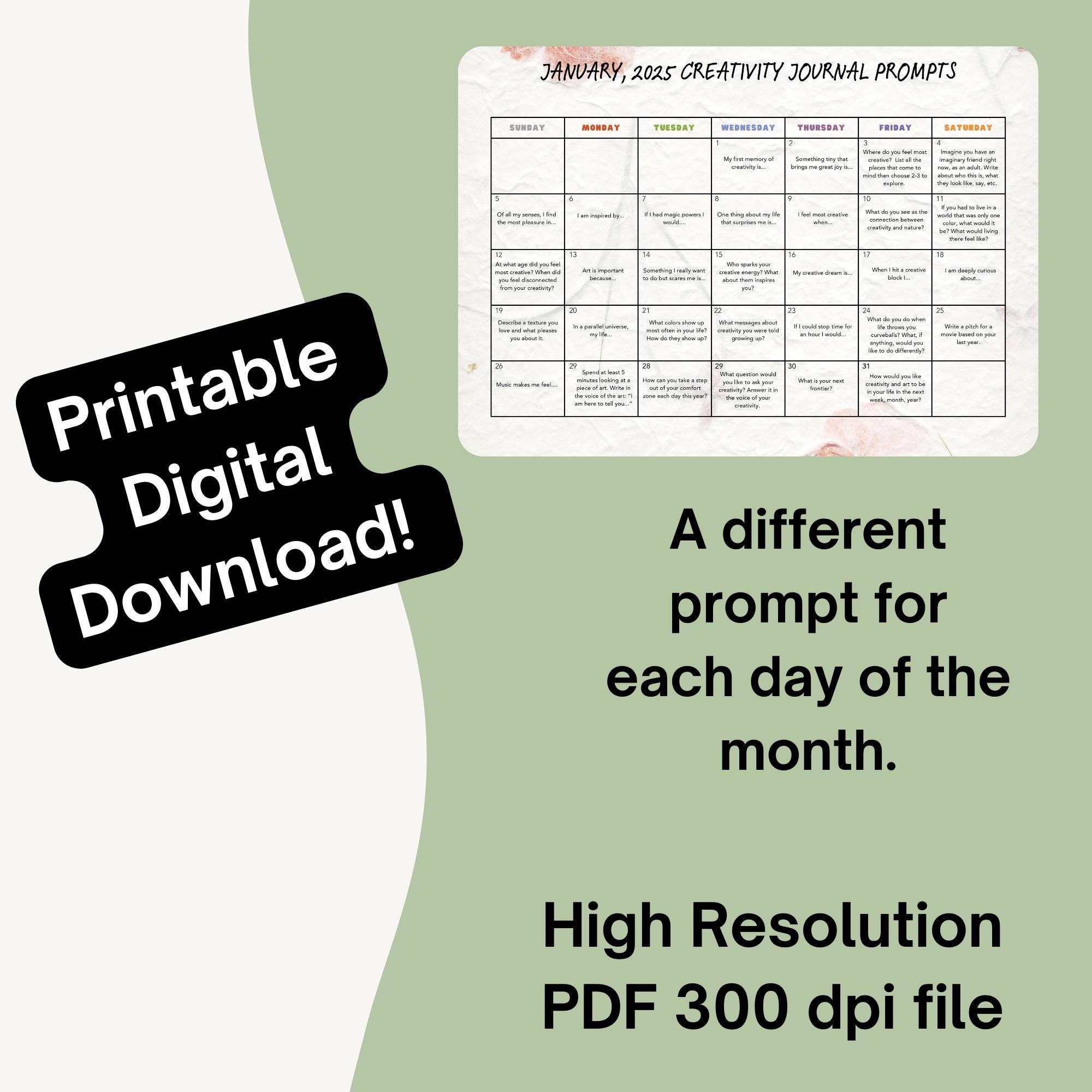 Creative Journal Calendar Prompts, January 2025, Write Every Day for a ...