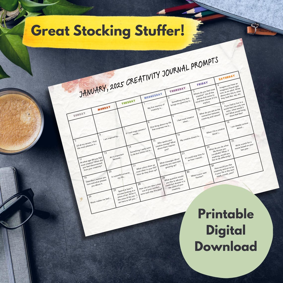 Creative Journal Calendar Prompts, January 2025, Write Every Day for a ...