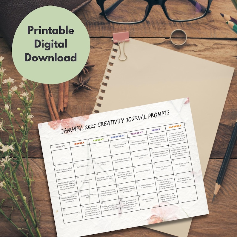 Creative Journal Calendar Prompts, January 2025, Write Every Day for a ...