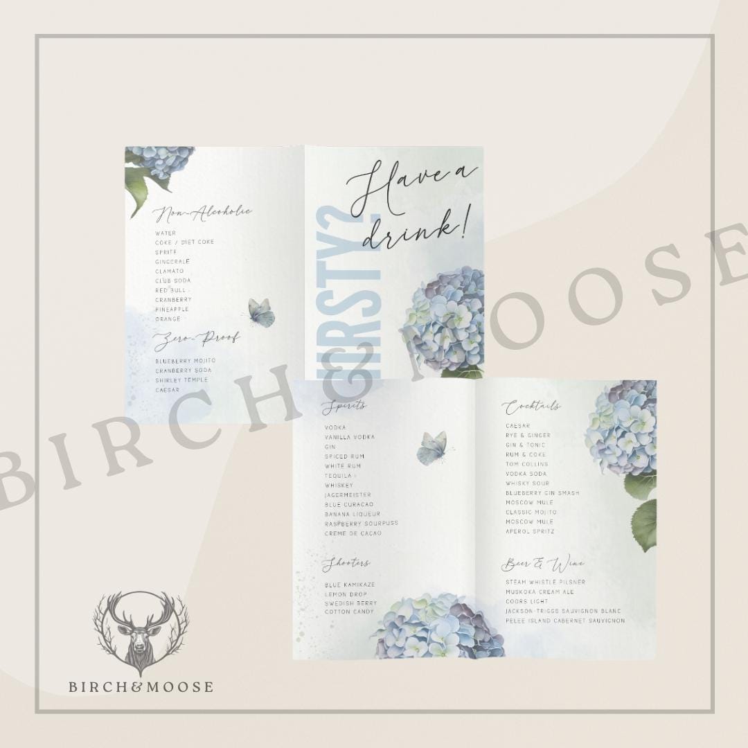 Wedding & Shower Bi-fold Drink Bar Menu Template | Elegant Blue ...