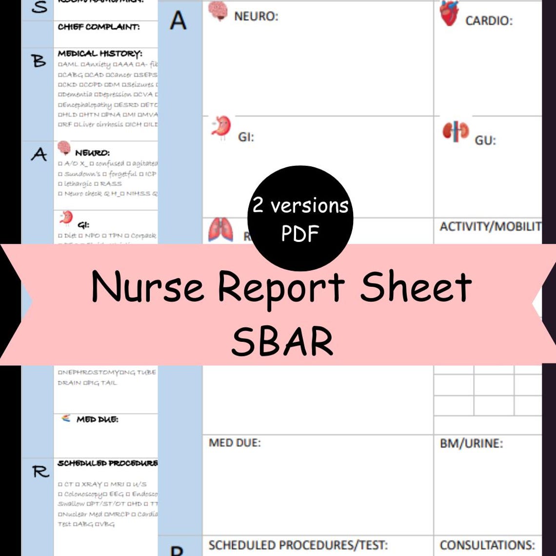 Medsurg Nurse Report Sheet Day Shift, Nursing Student SBAR, Printable ...