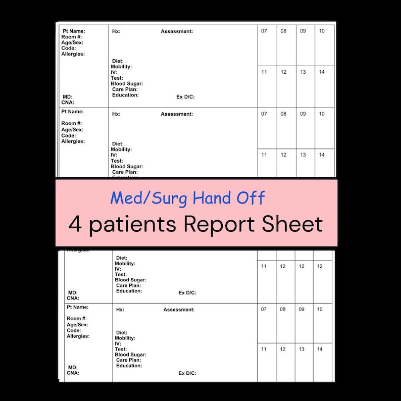 Nurse Report Sheet: 4 Patient Medical-surgical Handoff (PDF), 4 to 8 ...