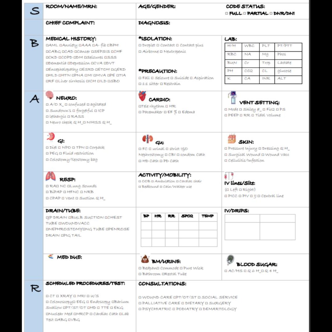 Medsurg Nurse Report Sheet Day Shift, Nursing Student SBAR, Printable ...