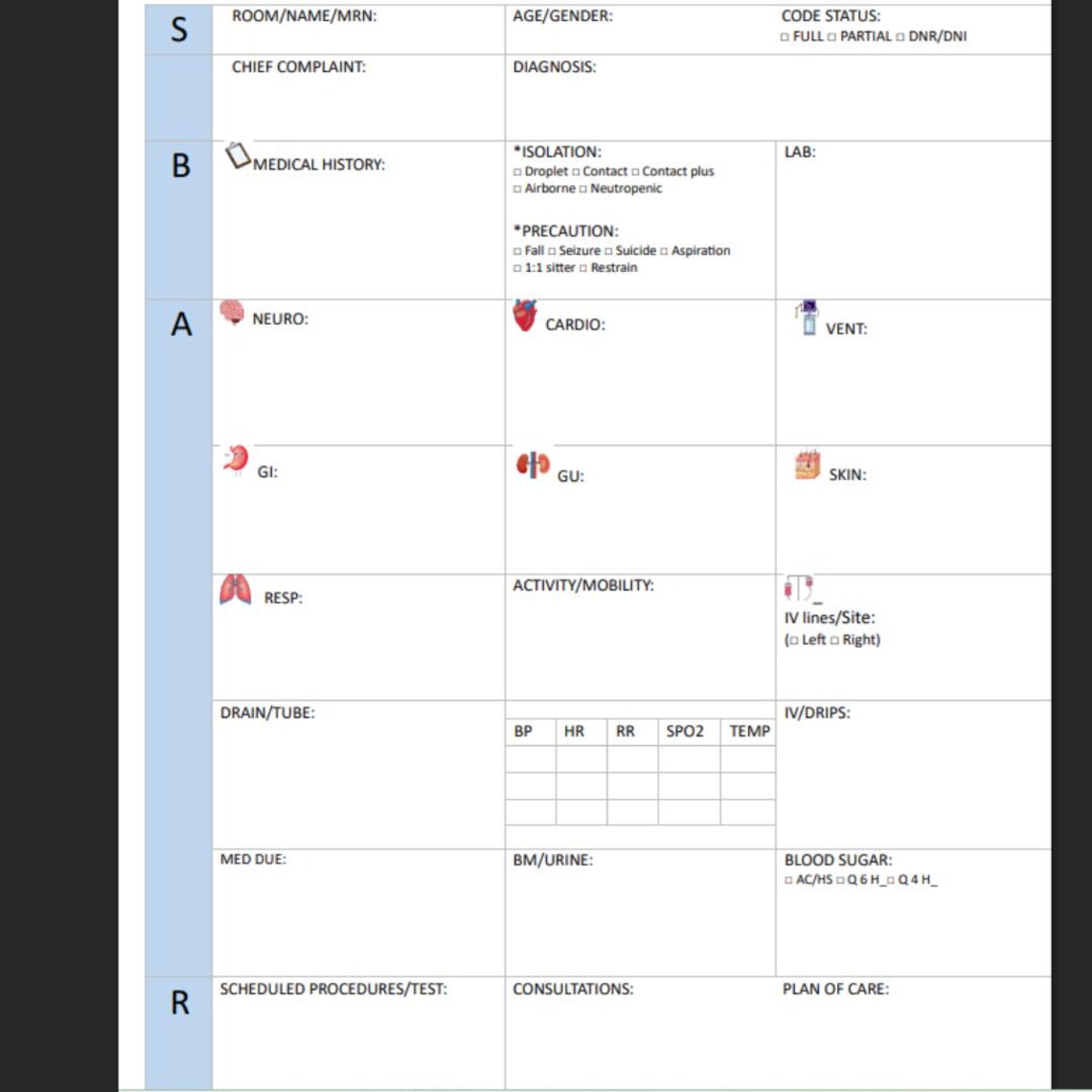 Medsurg Nurse Report Sheet Day Shift, Nursing Student SBAR, Printable ...