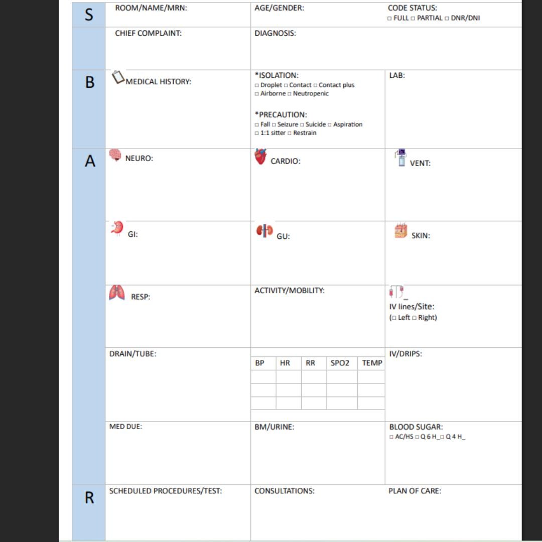 Medsurg Nurse Report Sheet Day Shift, Nursing Student SBAR, Printable ...
