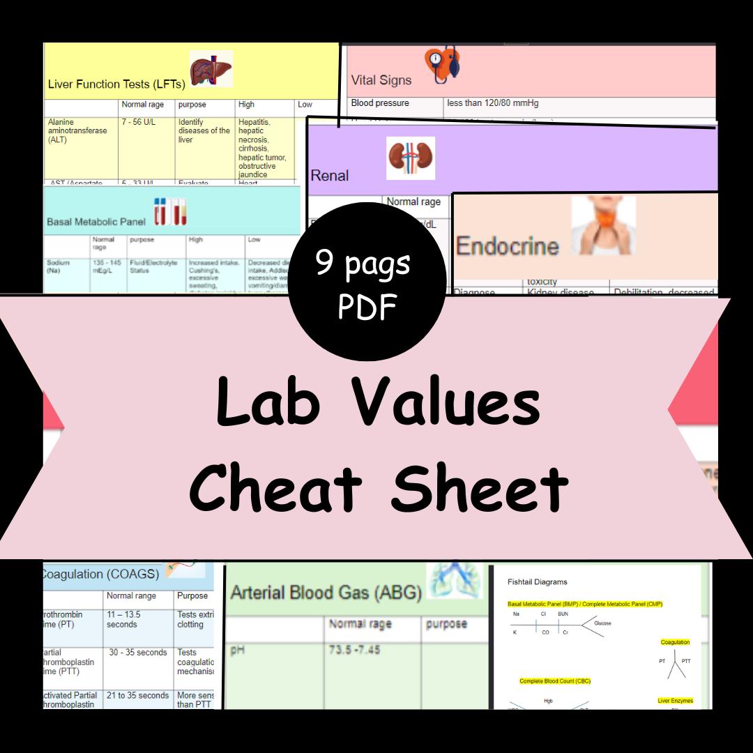 Lab Value Cheat Sheet + ABG + Memory Tricks | 9 Pages PDF Instant ...