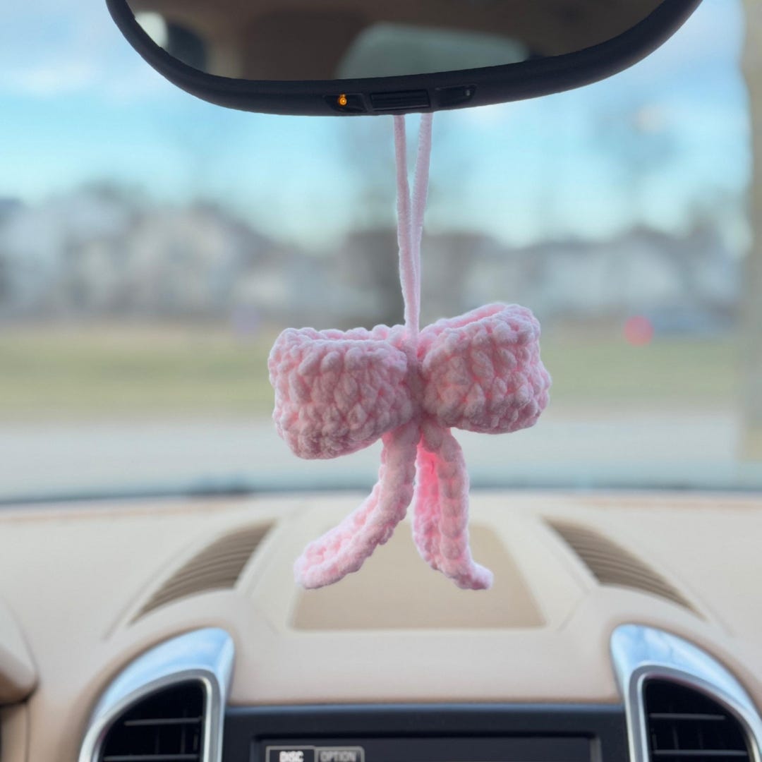 Soft Crochet Bow Car Mirror Accessories, Pink Bow Hanger, Car Mirror ...