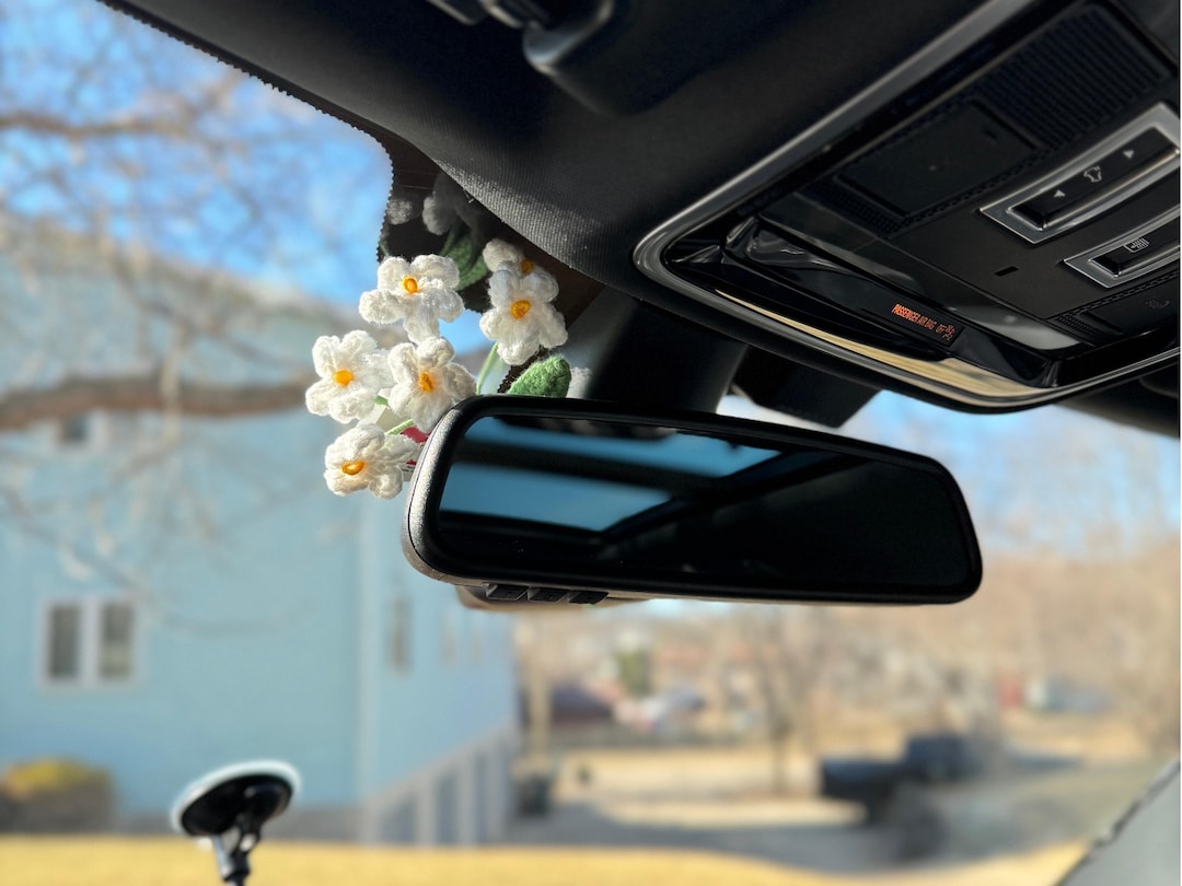 Flower Crochet Car Decor Accessory, Forget Me Not Car Charm, Rear View ...