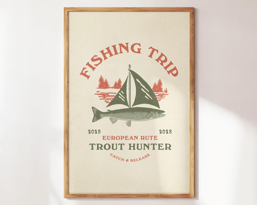 Trout Hunter Fishing Poster, Retro Fisherman Wall Art, Gift for ...
