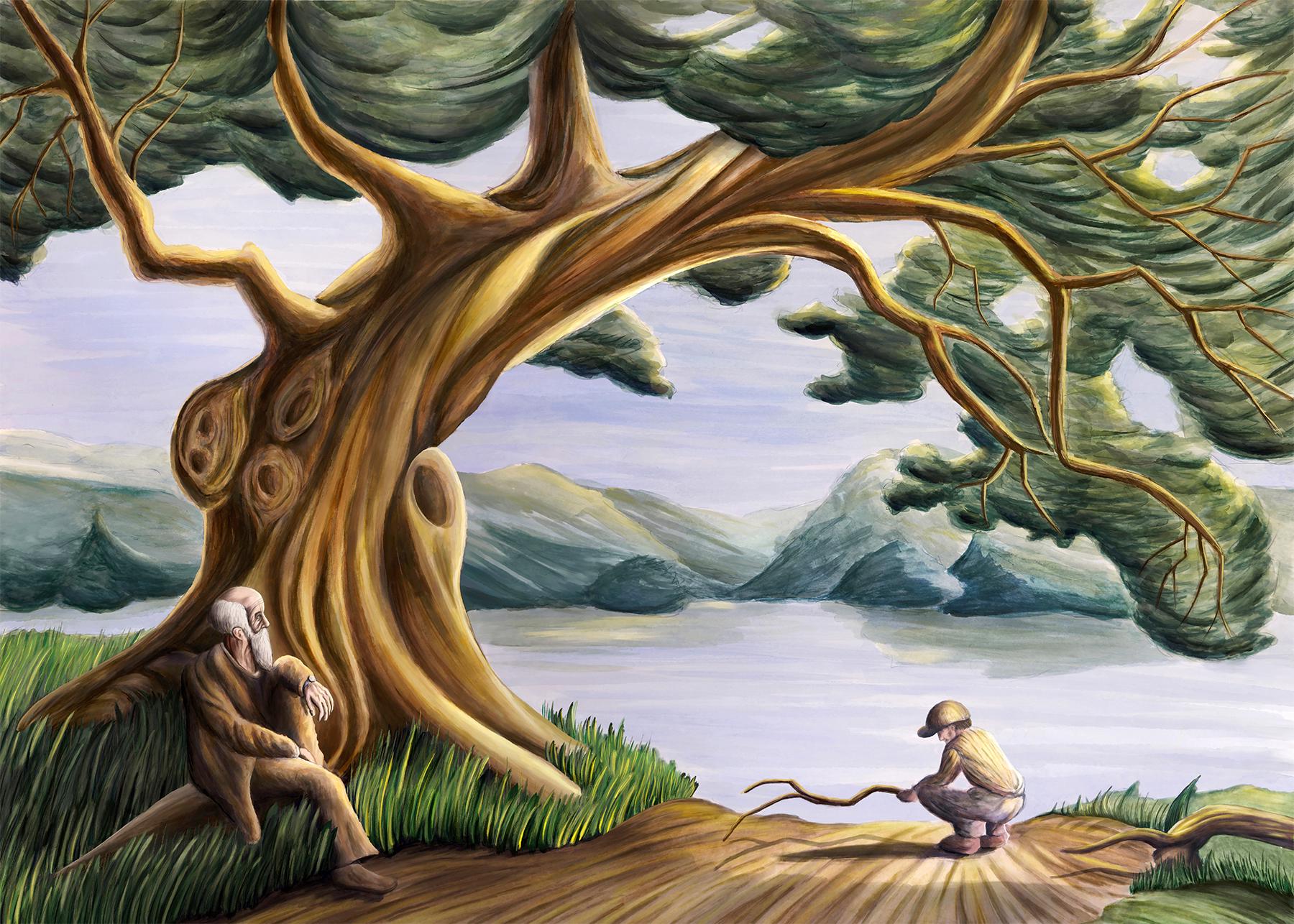 Old Man and Boy Under Oak Tree - Etsy