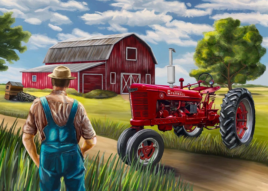 Farmall H International Harvester and Farmer on Farm - Digital Drawing ...