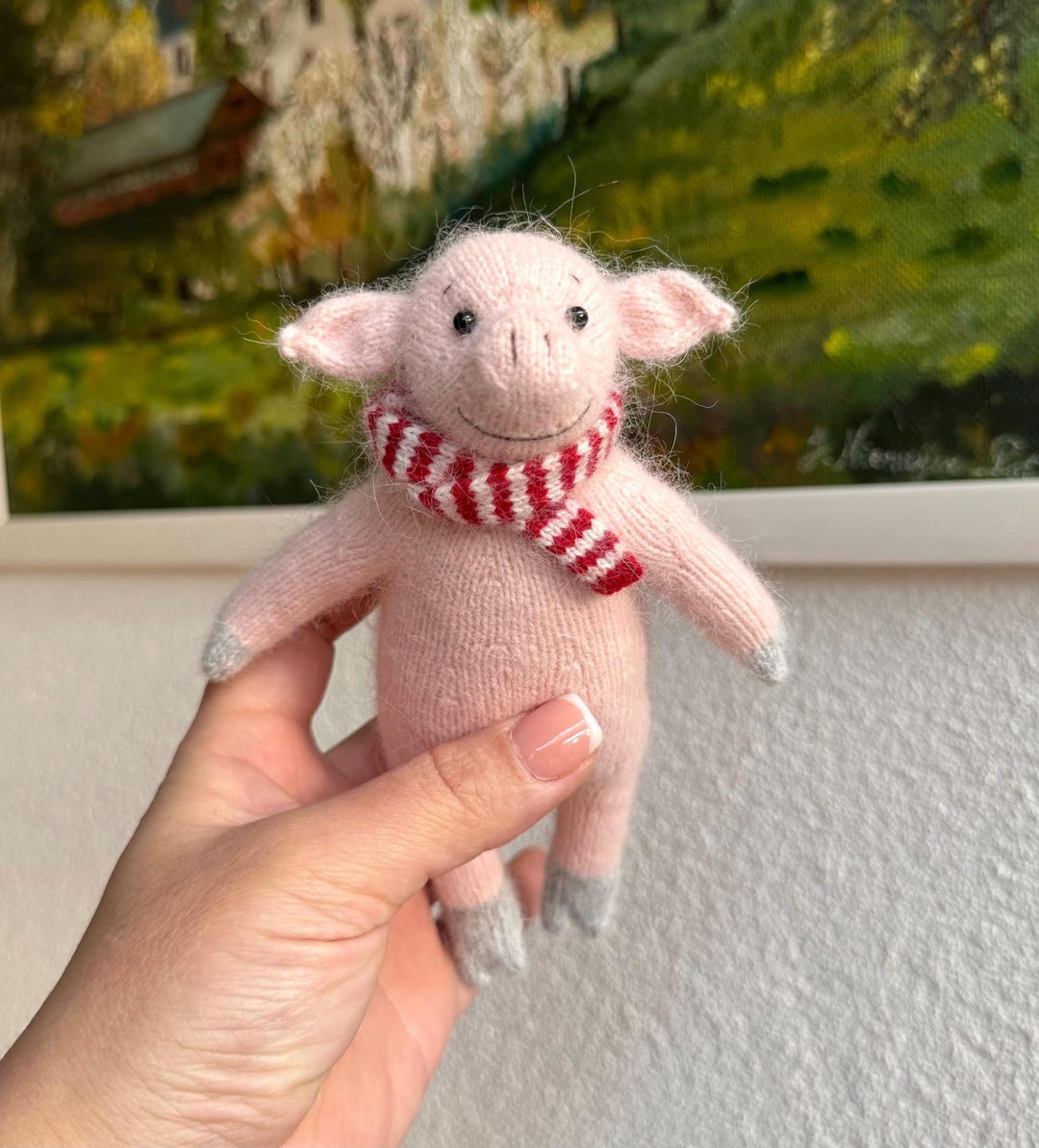 Knitted Piggy Toy With Red-white Stripe Scarf-gift for Kids-stuffed ...
