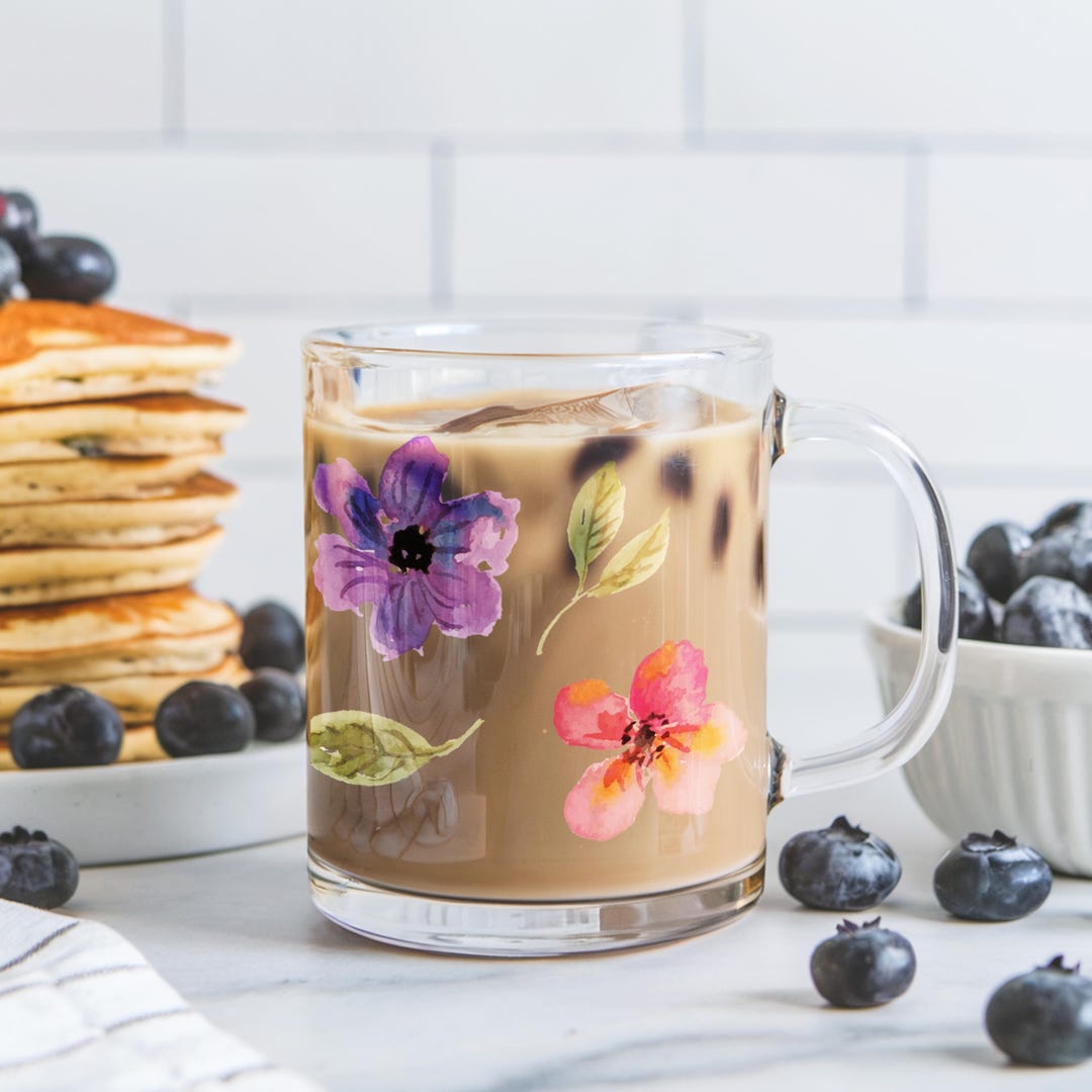 Watercolor Floral Glass Mug, Clear Glass Tea Cup, Flower Design Coffee ...