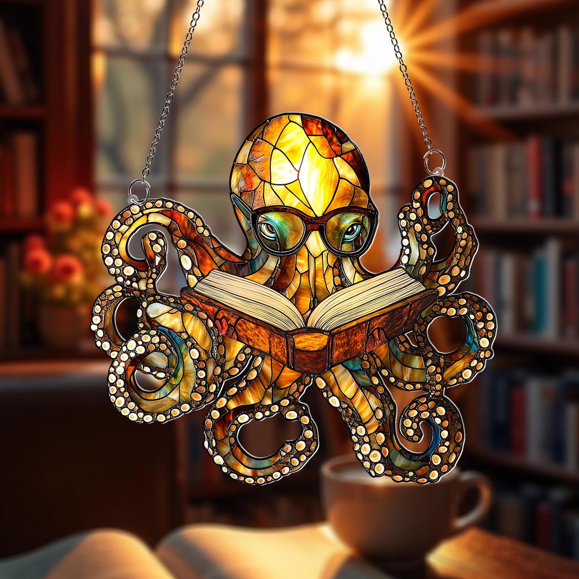 Octopus Reading Suncatcher: Ocean Animals & Book Lover Gift - Etsy