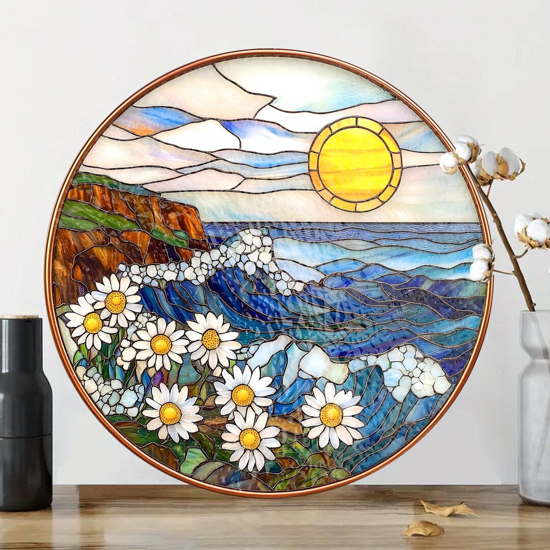 Daisy Flowers Ocean Suncatcher, Faux Stained Glass Window Hanging ...