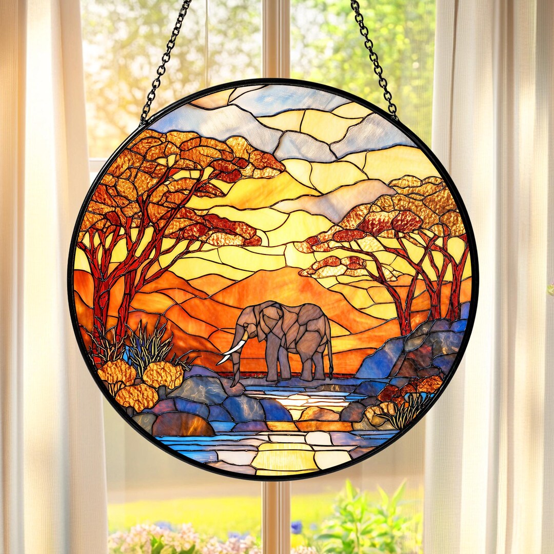 Elephant Faux Stained Glass Suncatcher, Safari Window Hanging, African ...