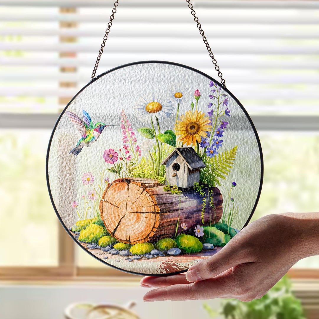 Wildflower Tree Stump Glass Suncatcher With Hummingbird, Stained Glass ...