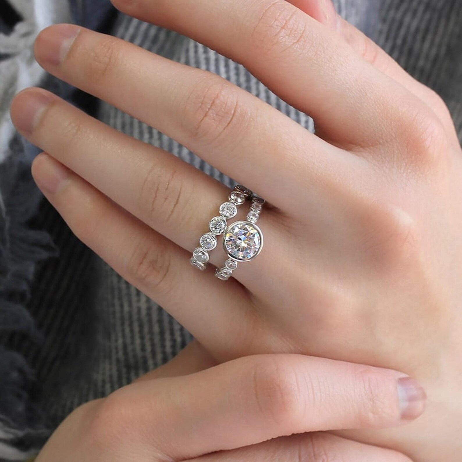 Round Moissanite Diamond Bezel Set Ring Set, Wedding Bridal Ring Set ...