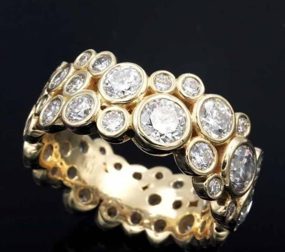 Scattered Wedding Band, Round Cut Moissanite Diamond Bezel Set Band ...