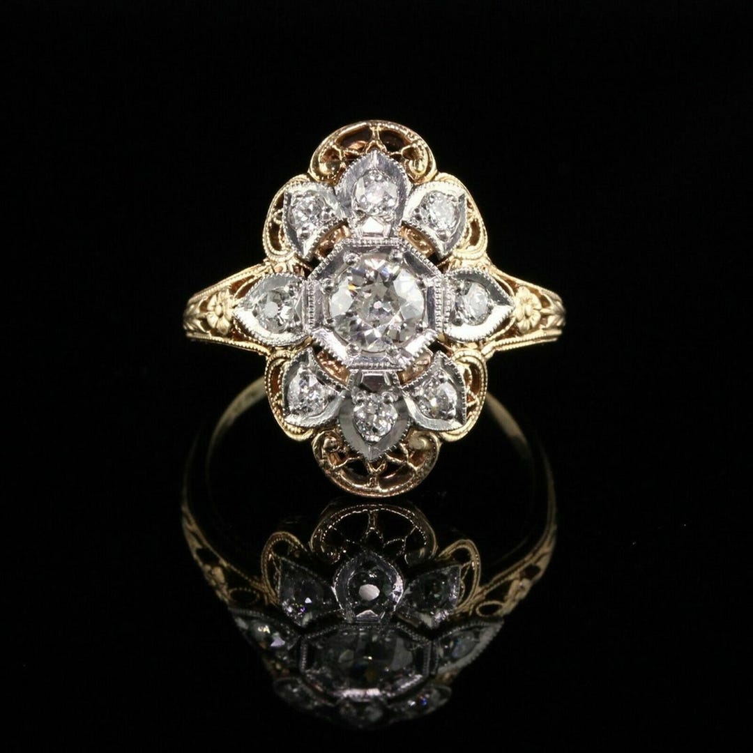 Old European Cut Moissanite Diamond Art Deco Ring, Openwork Filigree Vintage Inspired Ring ...