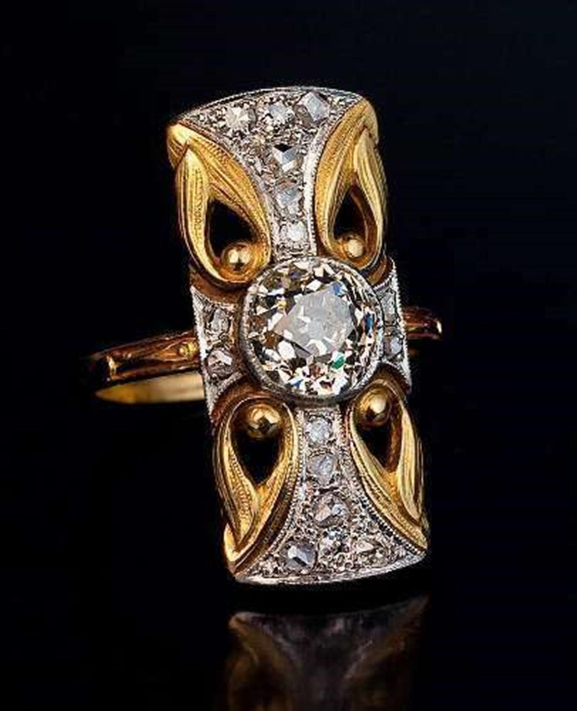Elongated Victorian Dinner Ring, Old European Cut Moissanite Diamond ...