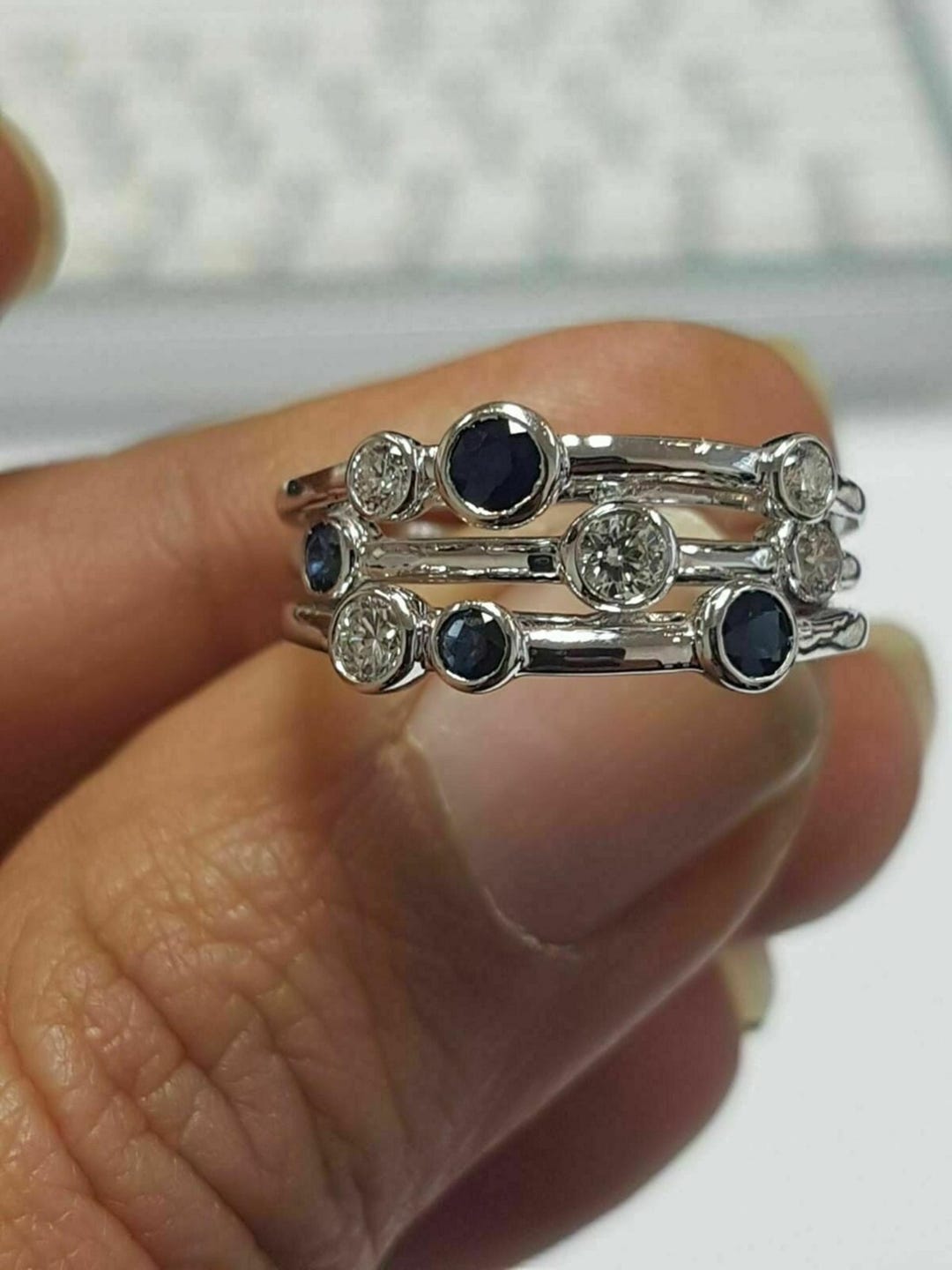Bubble Set Sapphire Ring, Blue & White Round CZ Stone Ring, Multi Row ...