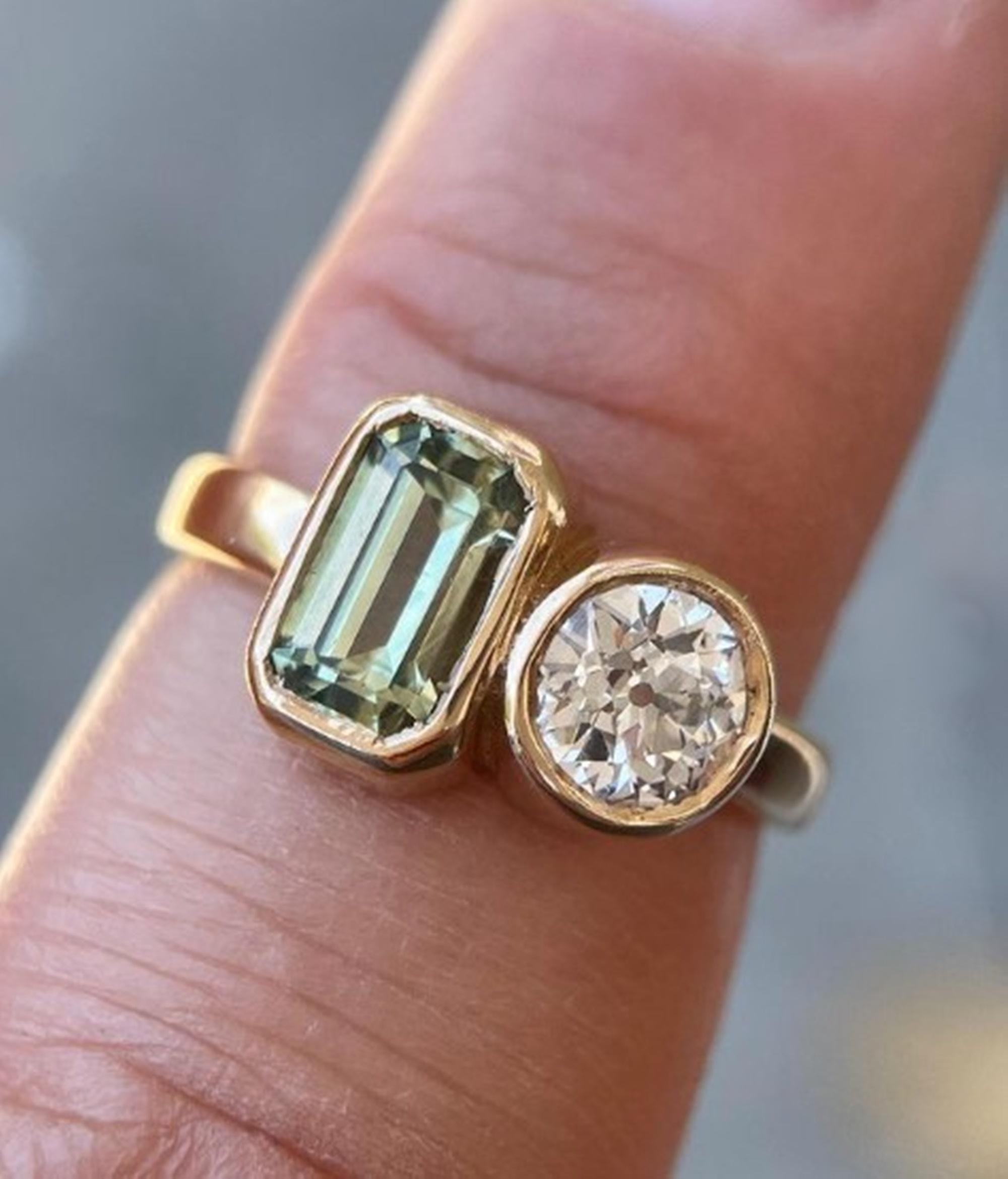 Bezel Set Two Stone Ring, Green Emerald & Old European Cut CZ Stone ...