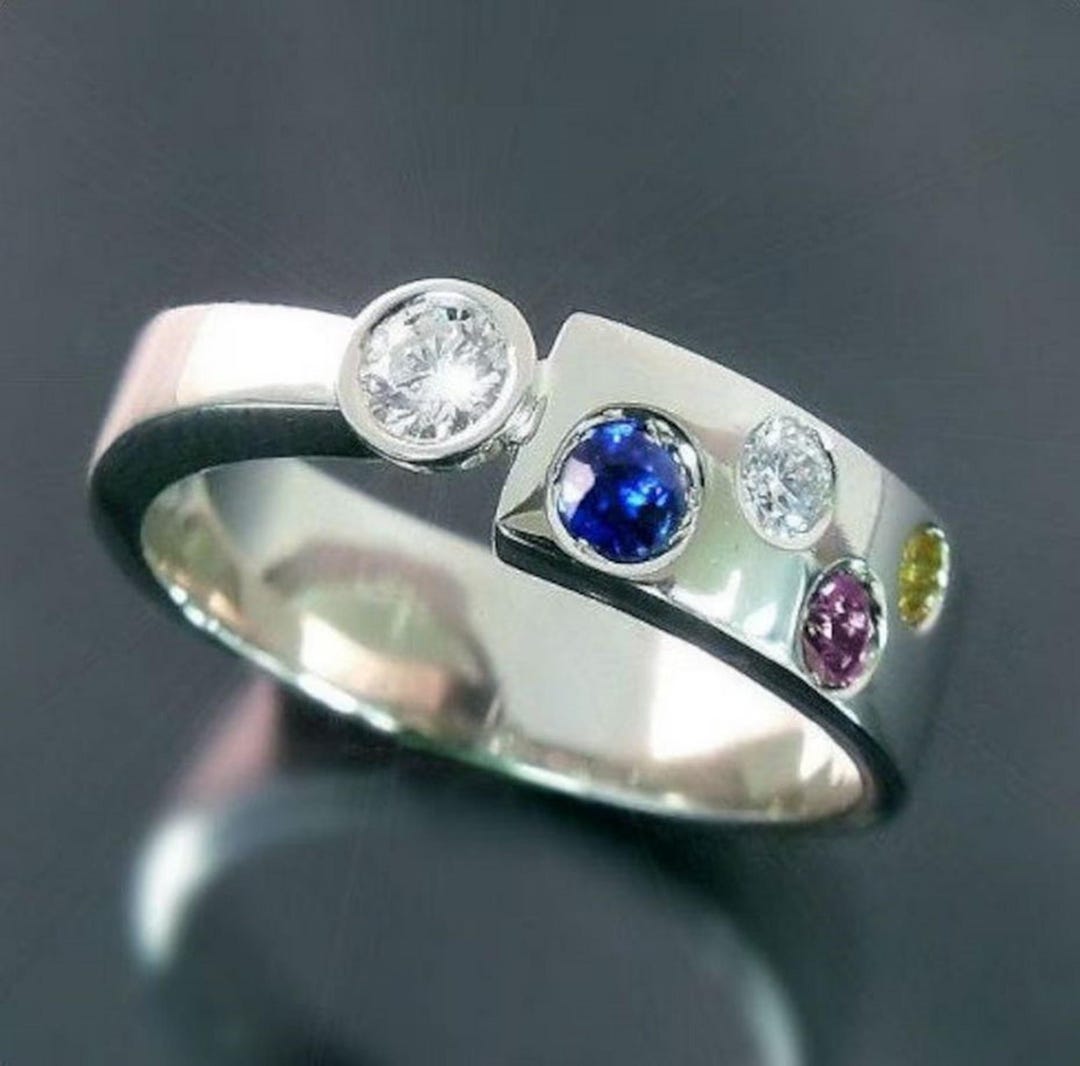 Bezel & Flush Set Five Stone Ring, Multi Color Round Cut CZ Stone ...