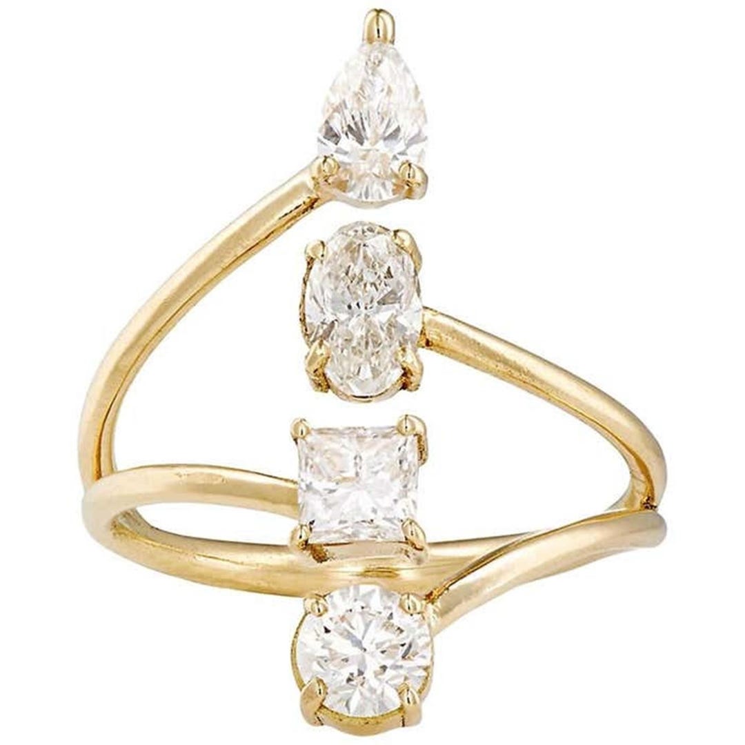Four Stone Open Gap Ring, Multi Shape Moissanite Diamond 14K Yellow ...