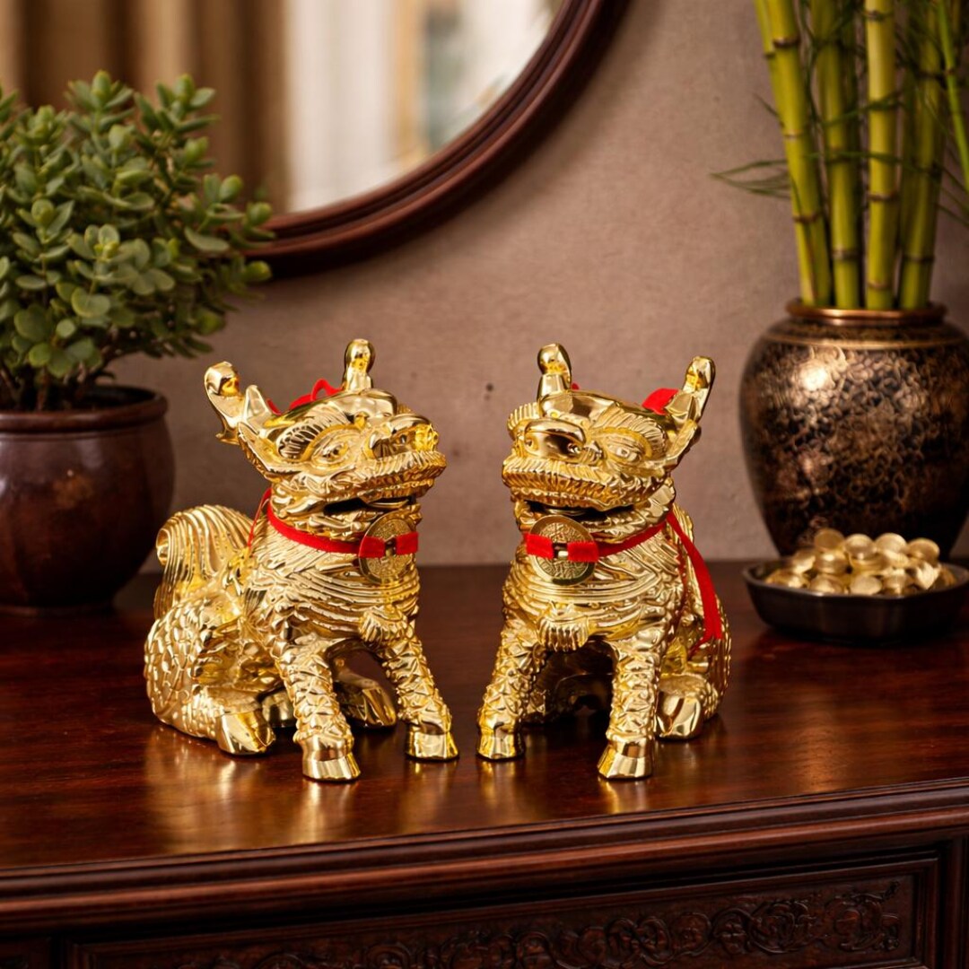 Vintage Gold Pixiu Statues for Feng Shui Decor Gift, Pair of Chinese ...