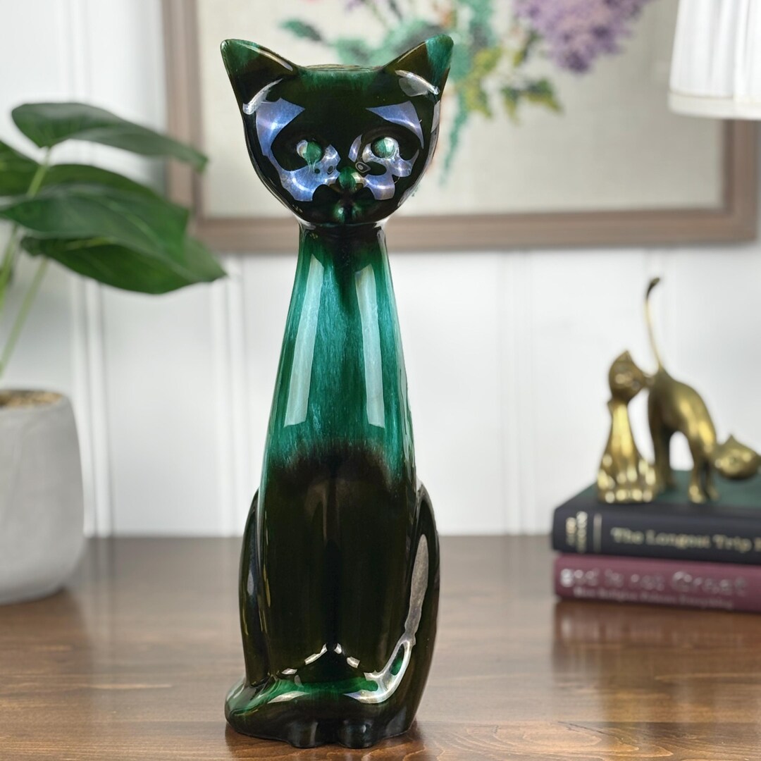 Vintage Blue Mountain Pottery Cat Figurine Gift, Green Drip Glaze ...