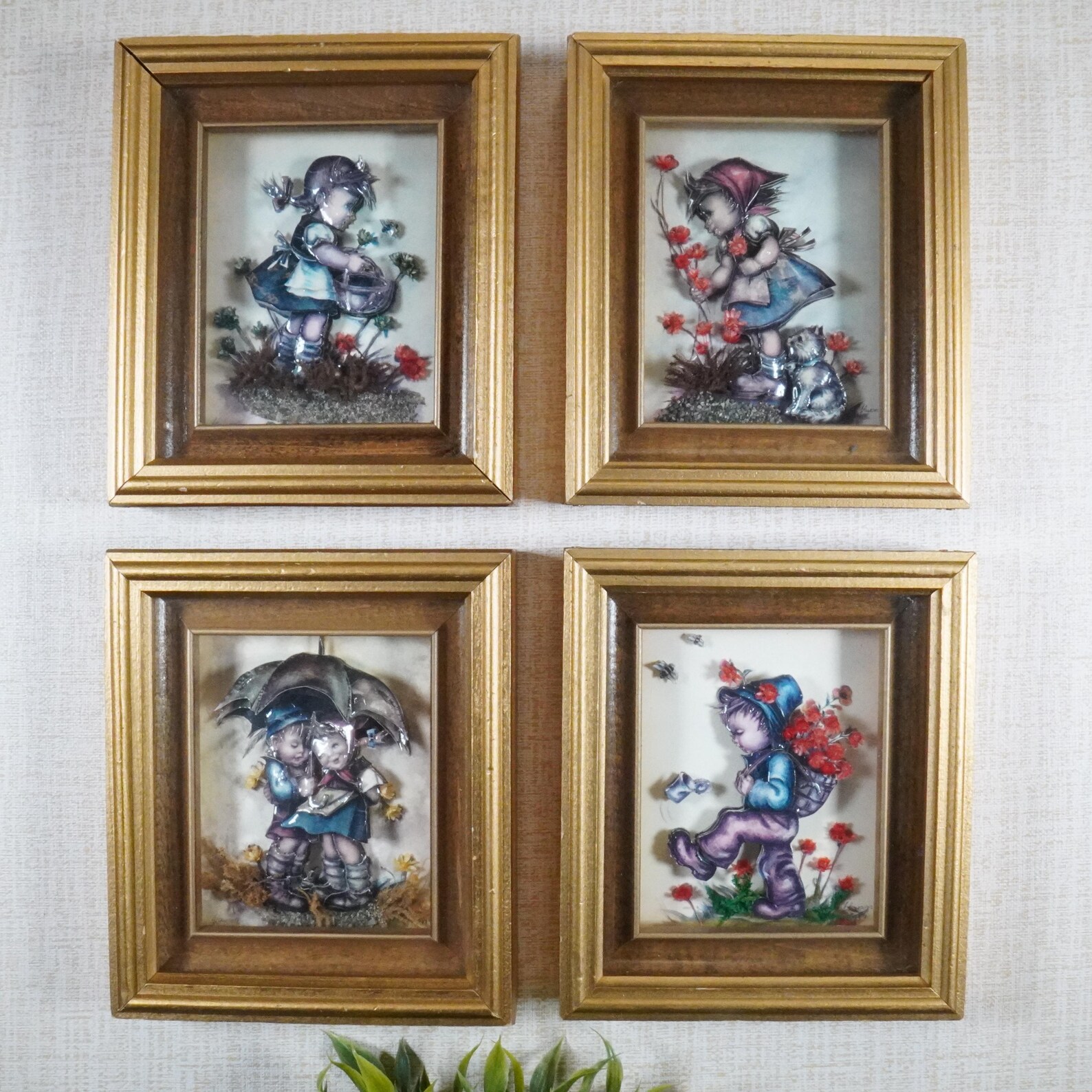 Vintage 3D Paper Tole Shadow Box Pictures Set of 4 Hummel Style 3D Art ...