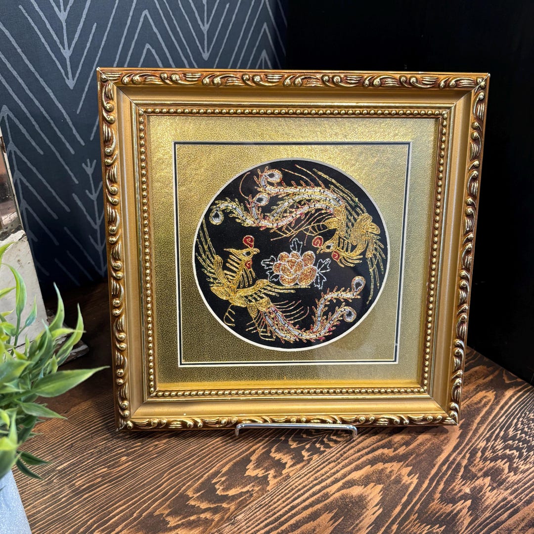 Chinese Silk Embroidery Gold Phoenix Embroidery Black Silk Wall Art ...