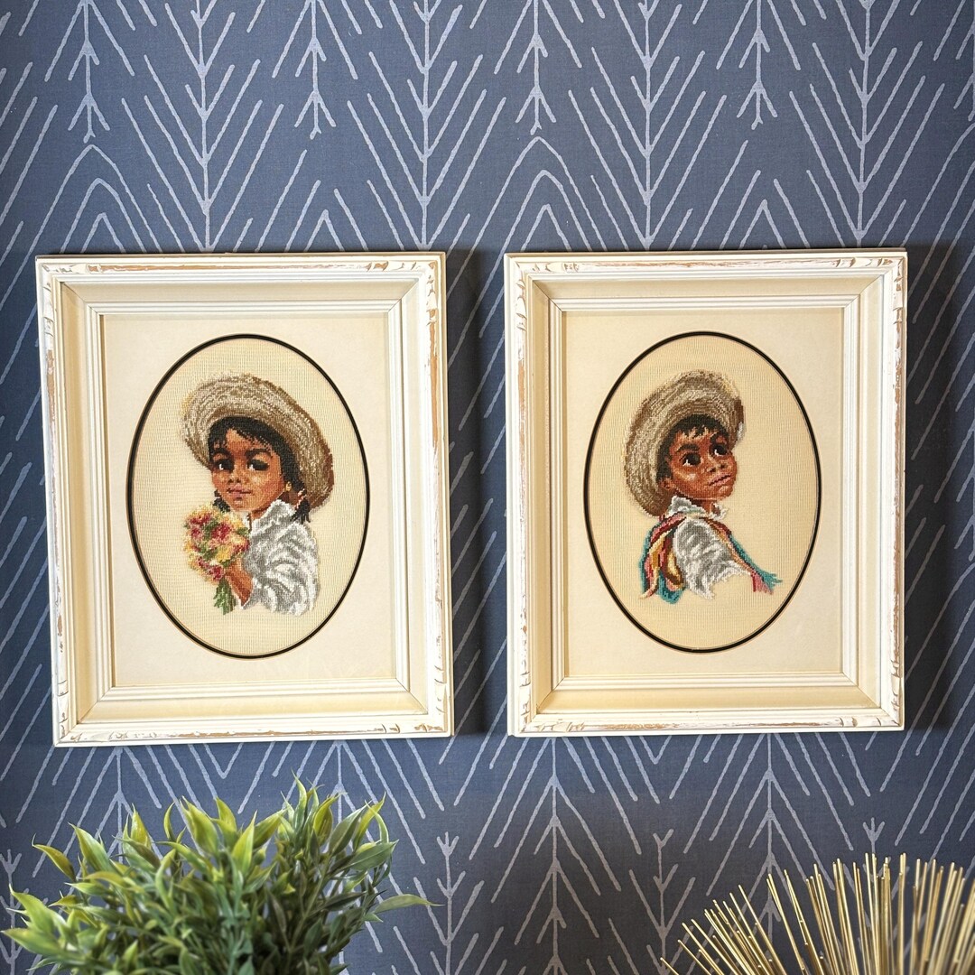 Vintage Needlepoint Art Set Pepe and Pepita by Jean Mcintosh Framed ...