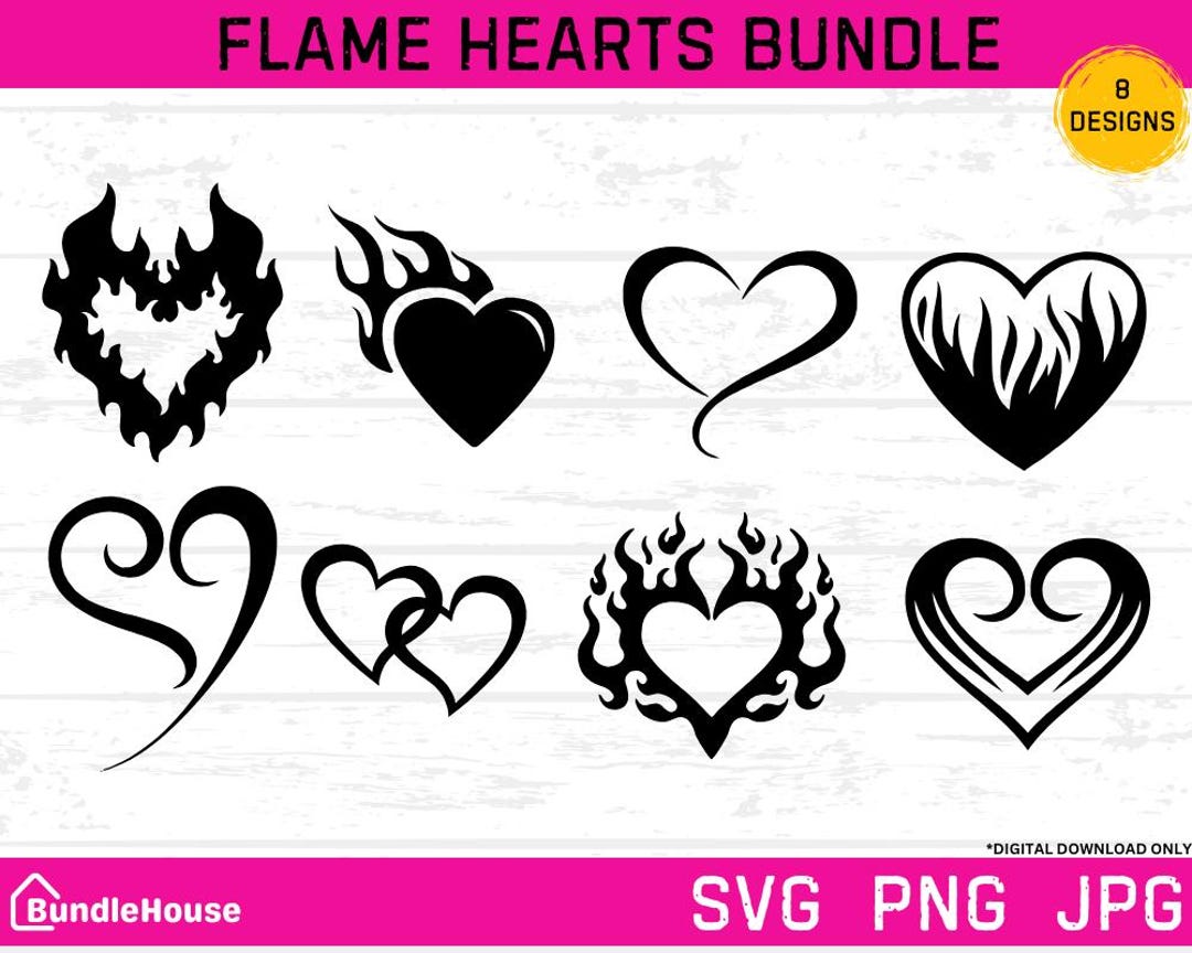 Flame Hearts Bundle of Svgs, Pngs, Jpgs, Flame Hearts Svgs, Fire Heart ...